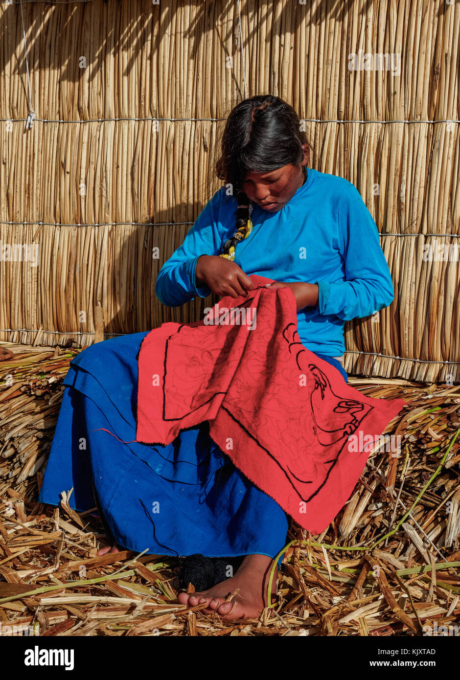 Native Uro Girl making handicrafts, Uros Floating Islands, Lake ...