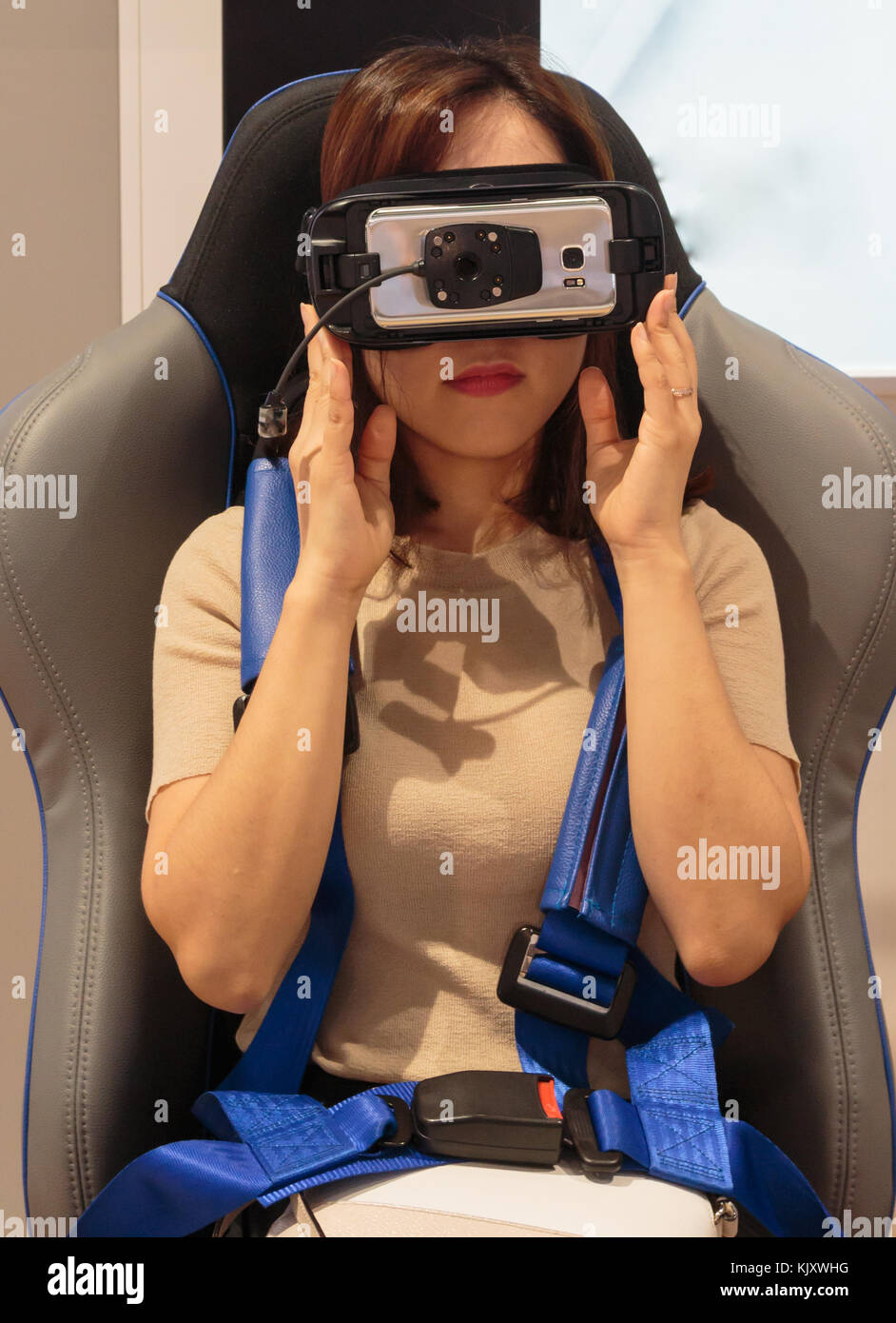 Asian woman with glasses of virtual reality. Future technology concept ...