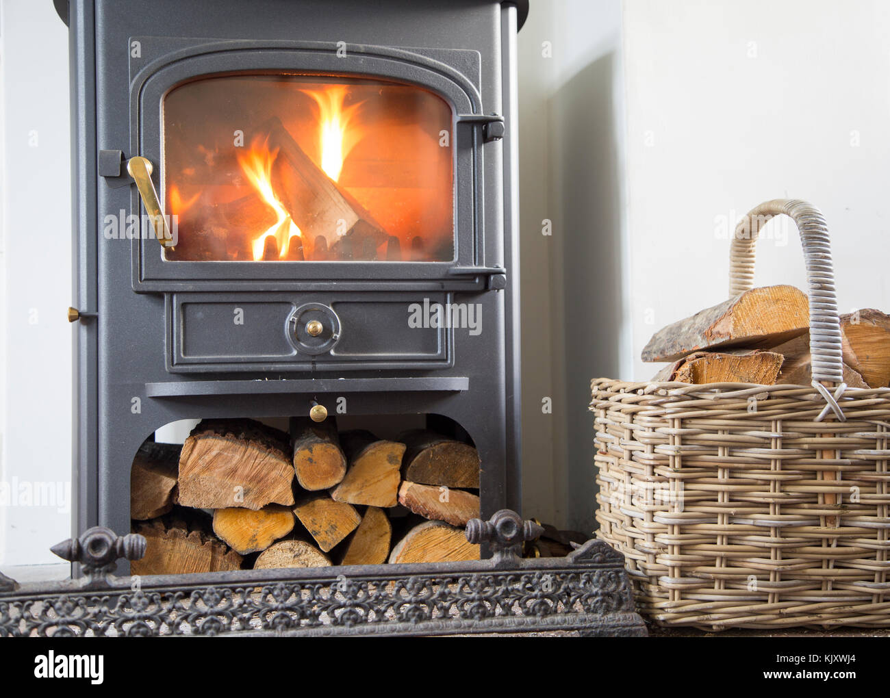 Warm fire flames logs burning in ClearView domestic multifuel stove ...