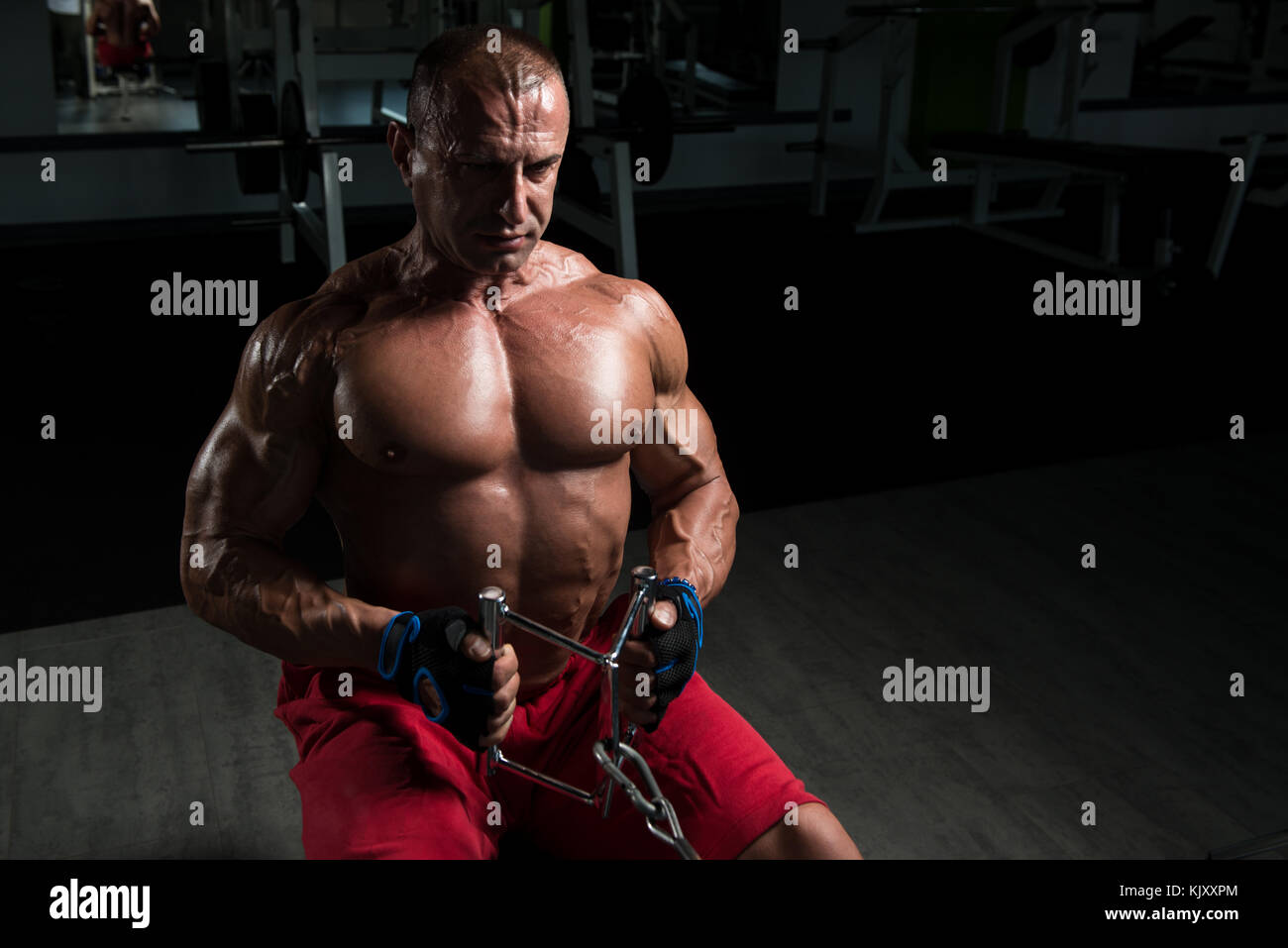 Handsome Bodybuilder Doing Heavy Weight Exercise For Back On Machine ...