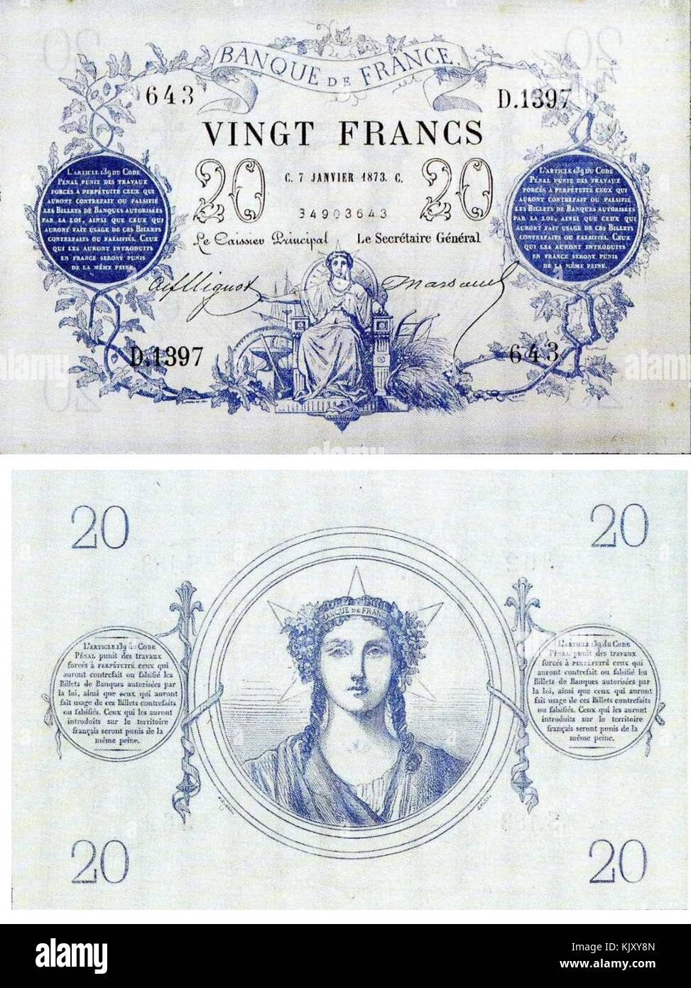 This image shows a 20 franc blue banknote from France, likely issued ...