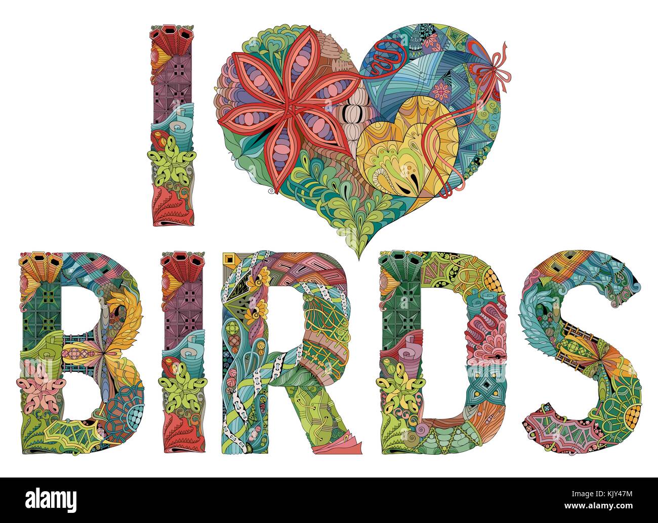 Hand-painted art design. Hand drawn illustration words I LOVE BIRDS for ...