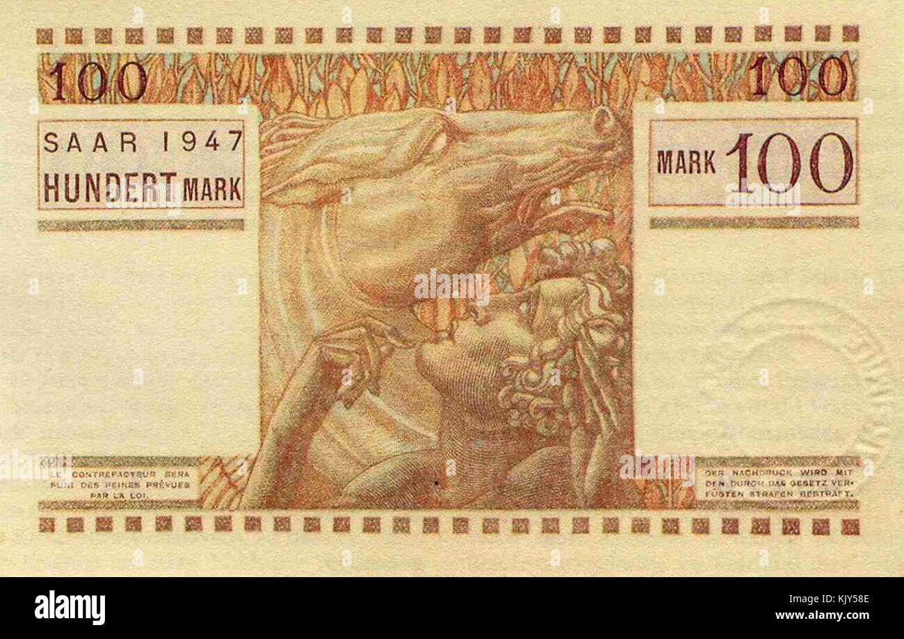 This is an image of a Saar region 100 Mark banknote from 1947, a piece ...