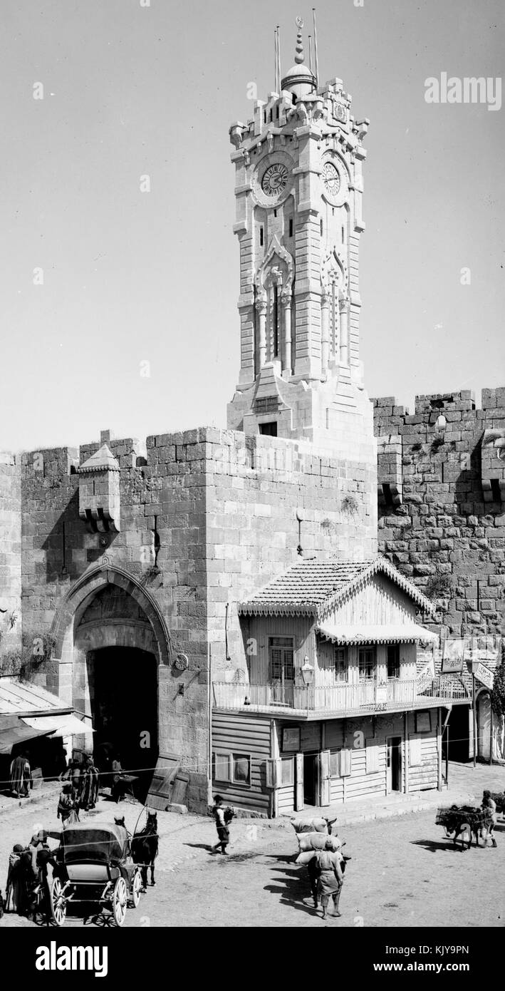 The cropped image features the 19th-century clock at the Jaffa Gate in ...