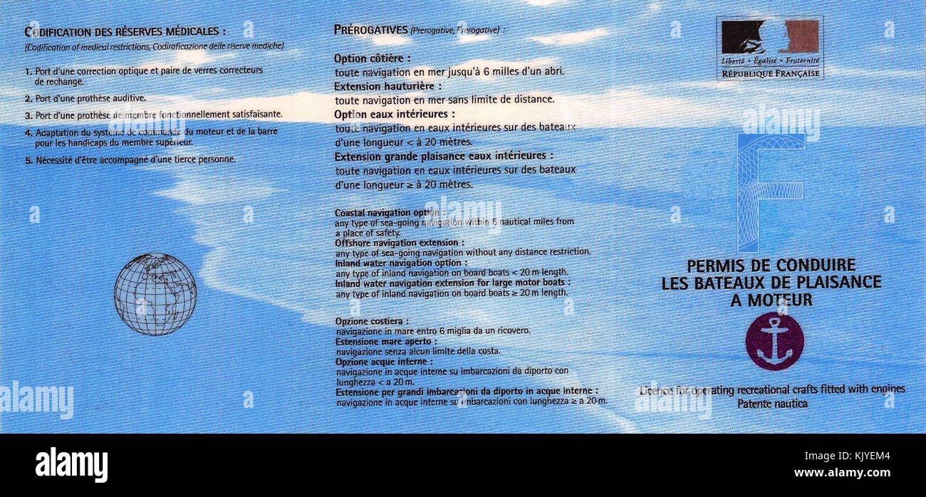 Permis de conduire les bateaux de plaisance a moteur (recto fr Stock ...