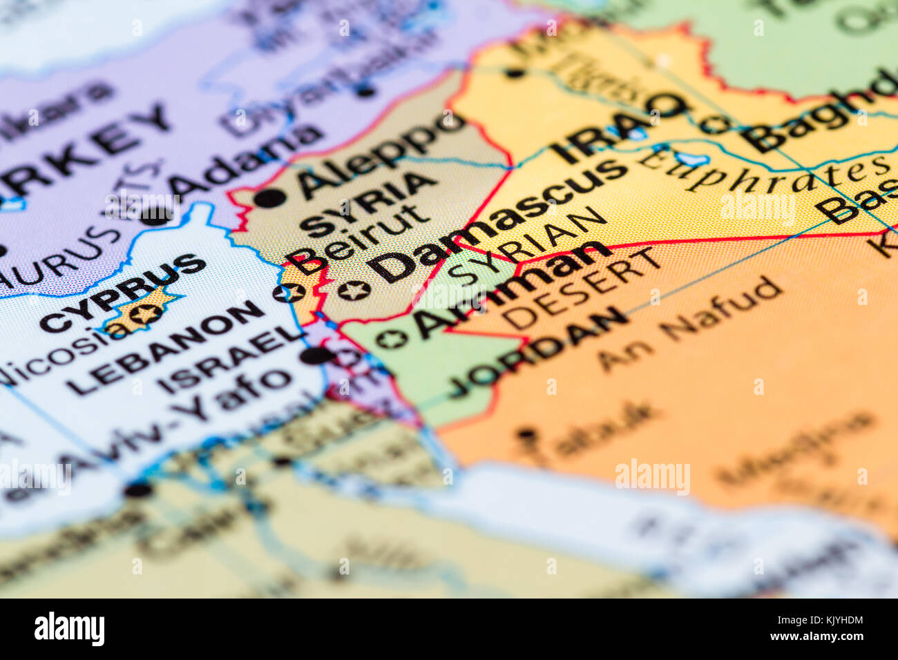 Close up of a world map with focus in the border between Syria and ...