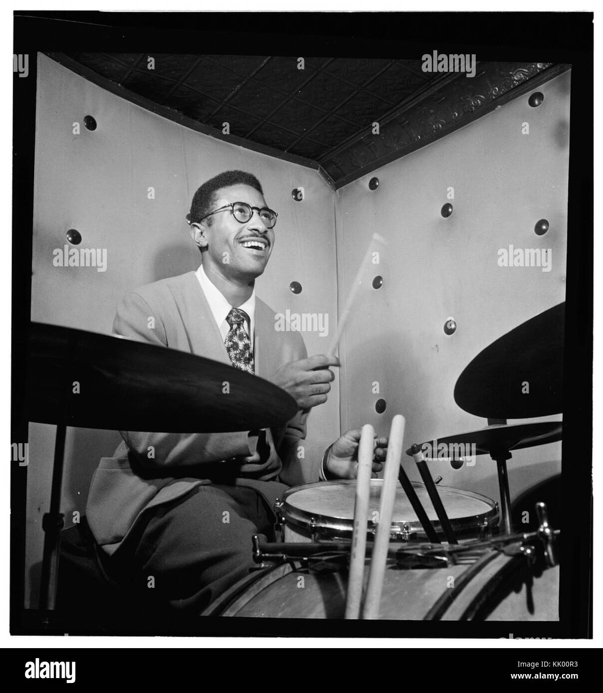 A portrait of jazz drummer Max Roach taken at the Three Deuces club in ...