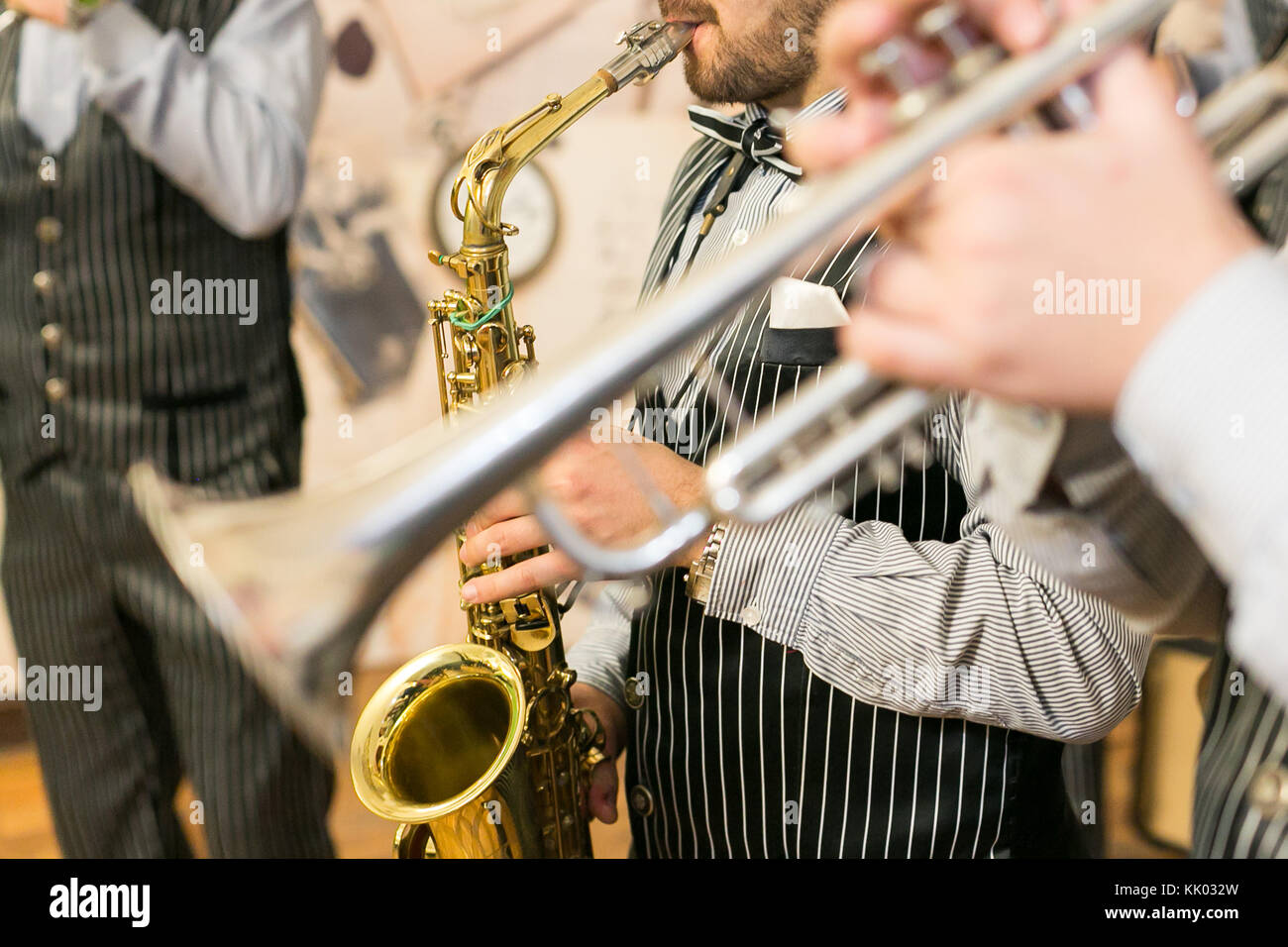 music, show business, orchestra concept. men from jazz band dressed in ...