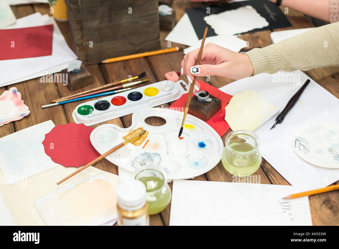 creating, arts and crafts, calligraphy concept. workplace of artist ...