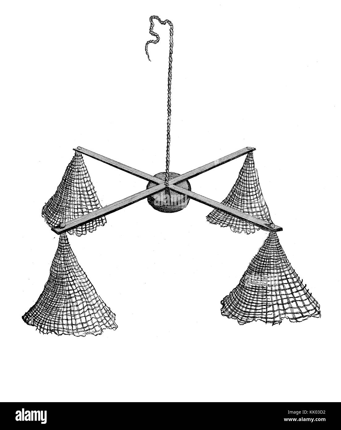 Group of coral fishing nets tied to a weight to drawn across the ocean ...