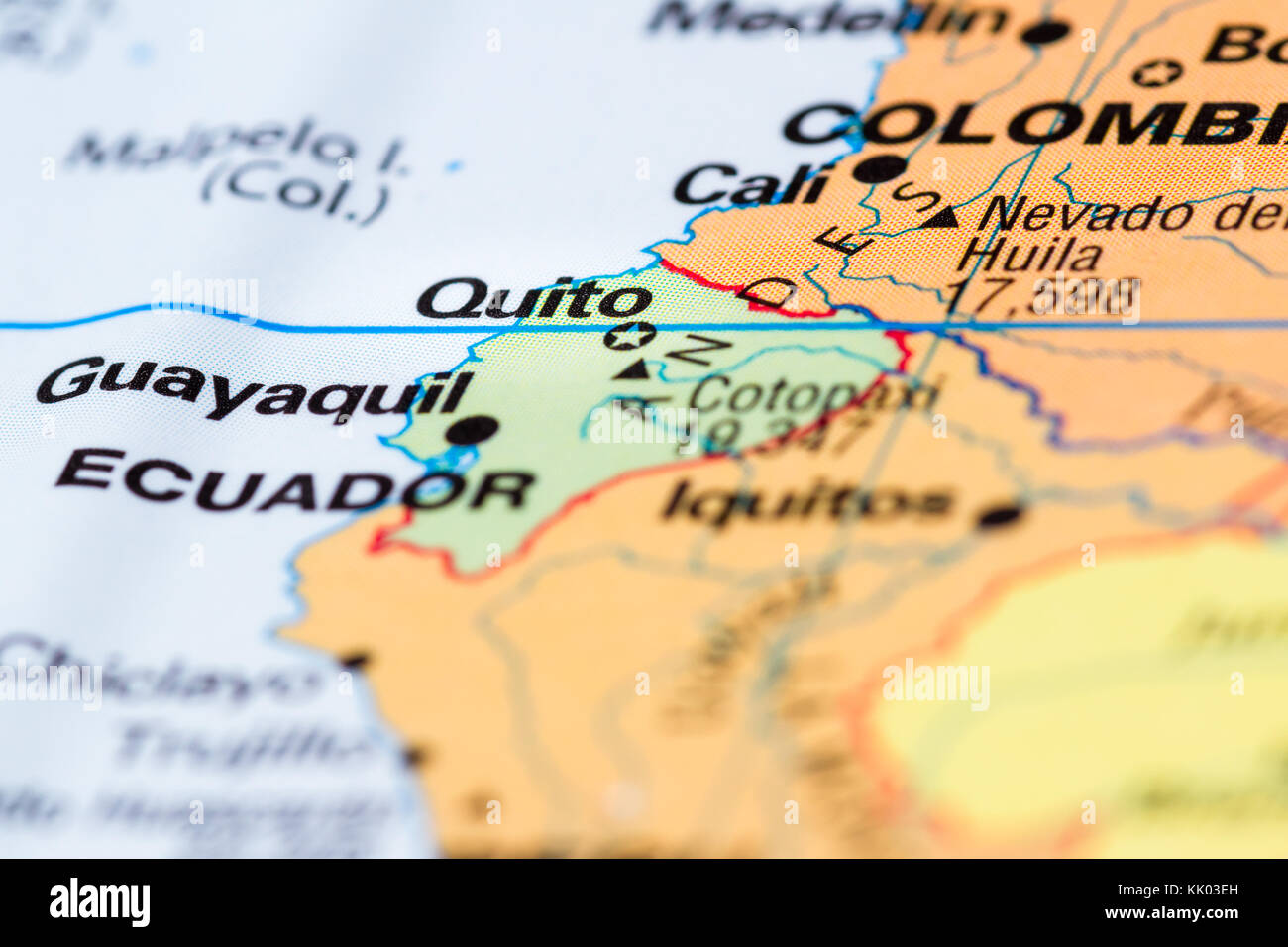 Close up of a world map with the city of Quito in focus Stock Photo - Alamy