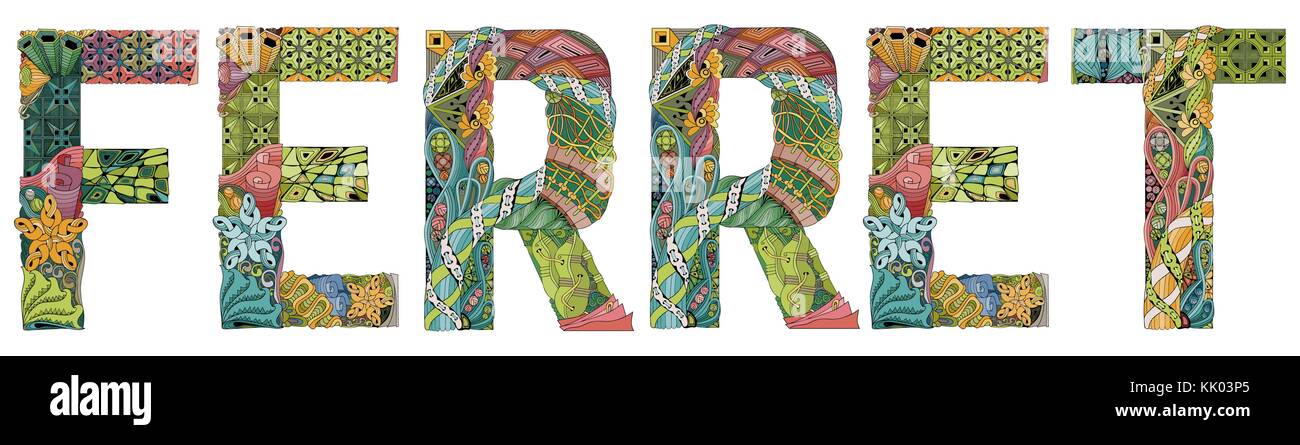 Hand-painted art design. Hand drawn illustration word FERRET for t ...