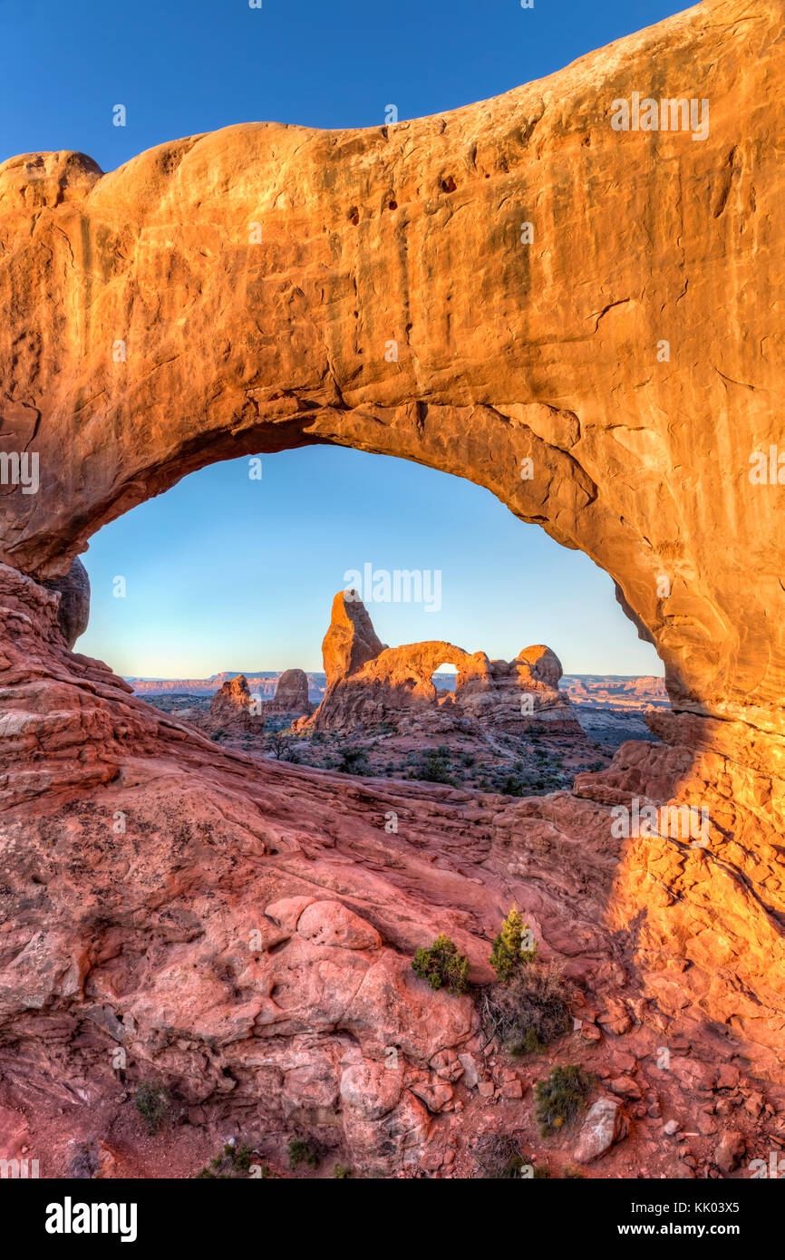 Turret Arch at sunrise within the North Window natural arch in the ...
