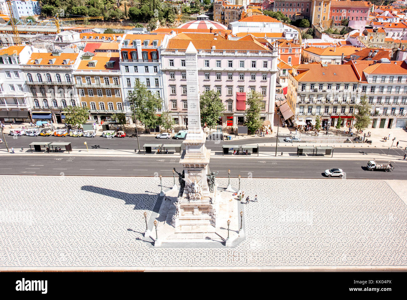 Top view on the Rossio square with Pedro IV statue in Lisbon city ...
