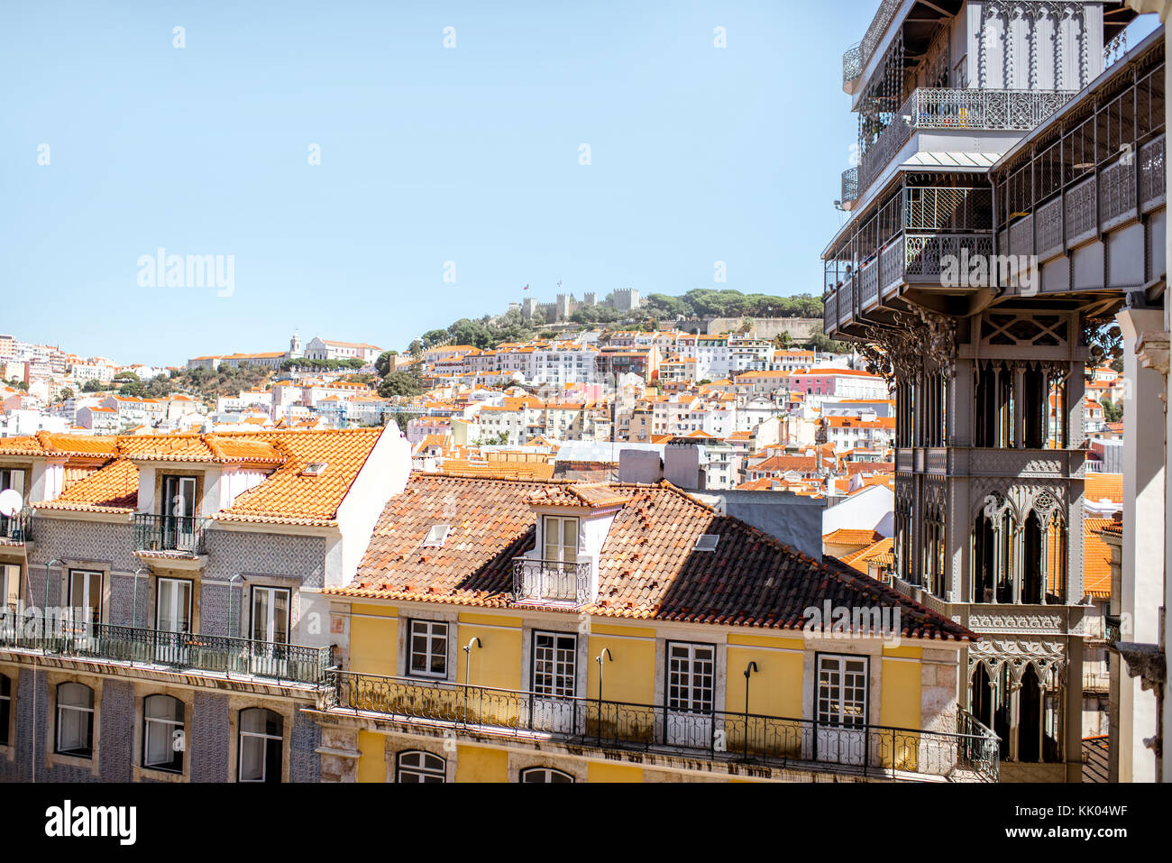 View on the old buildings with famous saint Justa metal lift during the ...