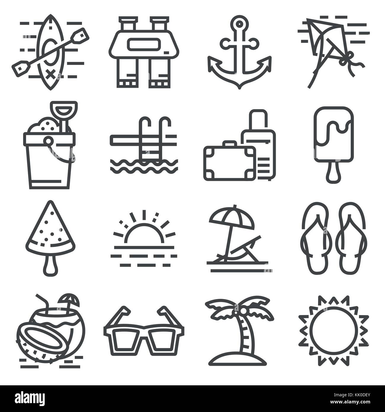 Vector Summer Icons Set Outline Holiday on White Background Stock ...
