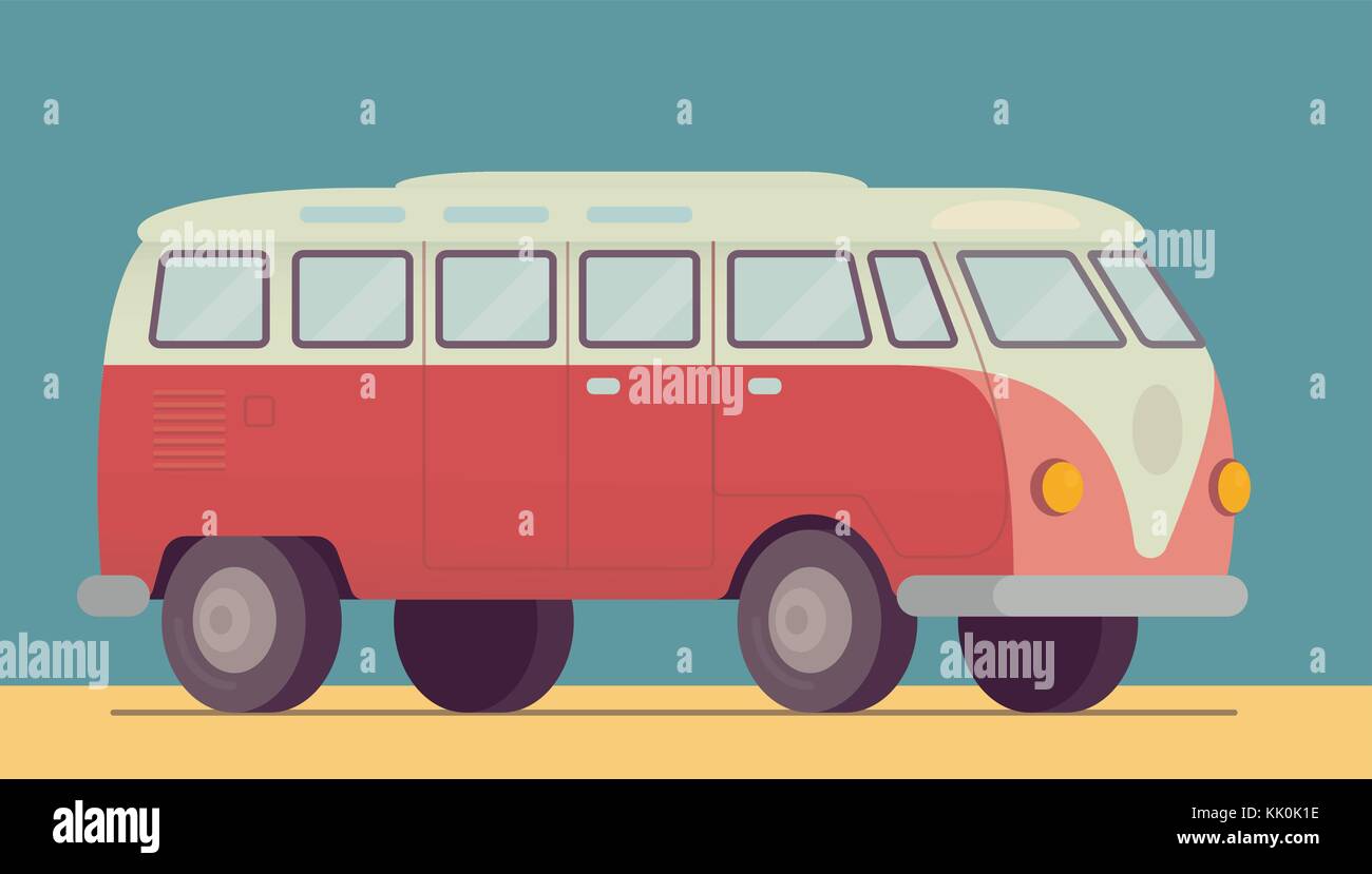 Red retro van car - 1950-1970, seventies, sixties. On the beach sand ...