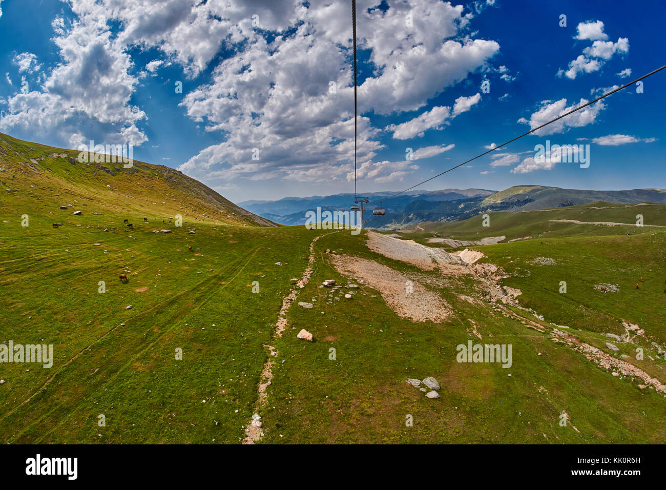 Long Funiculars ropeway line in Scenic Mountains Landscape Stock Photo ...