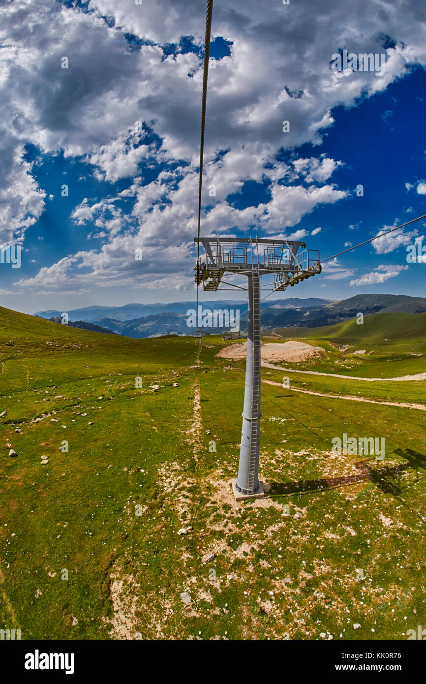 Long Funiculars ropeway line in Scenic Mountains Landscape Stock Photo ...