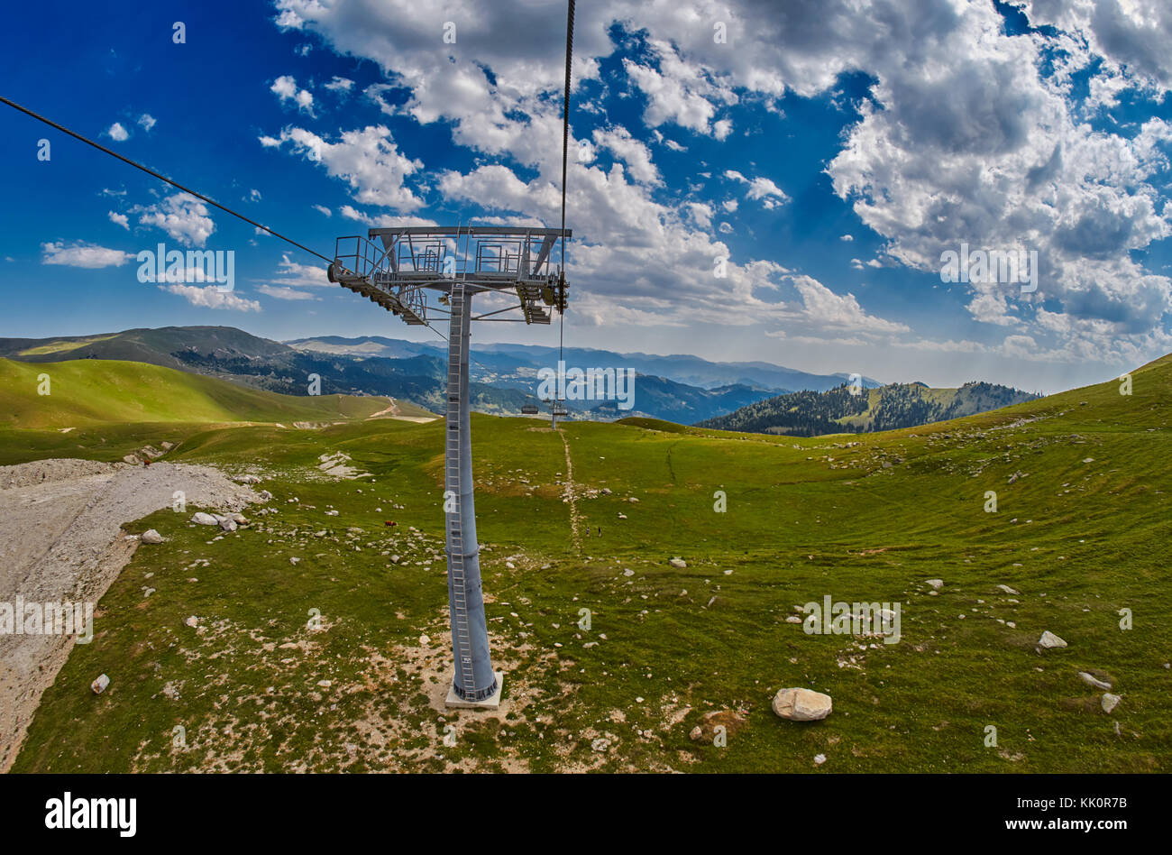 Long Funiculars ropeway line in Scenic Mountains Landscape Stock Photo ...