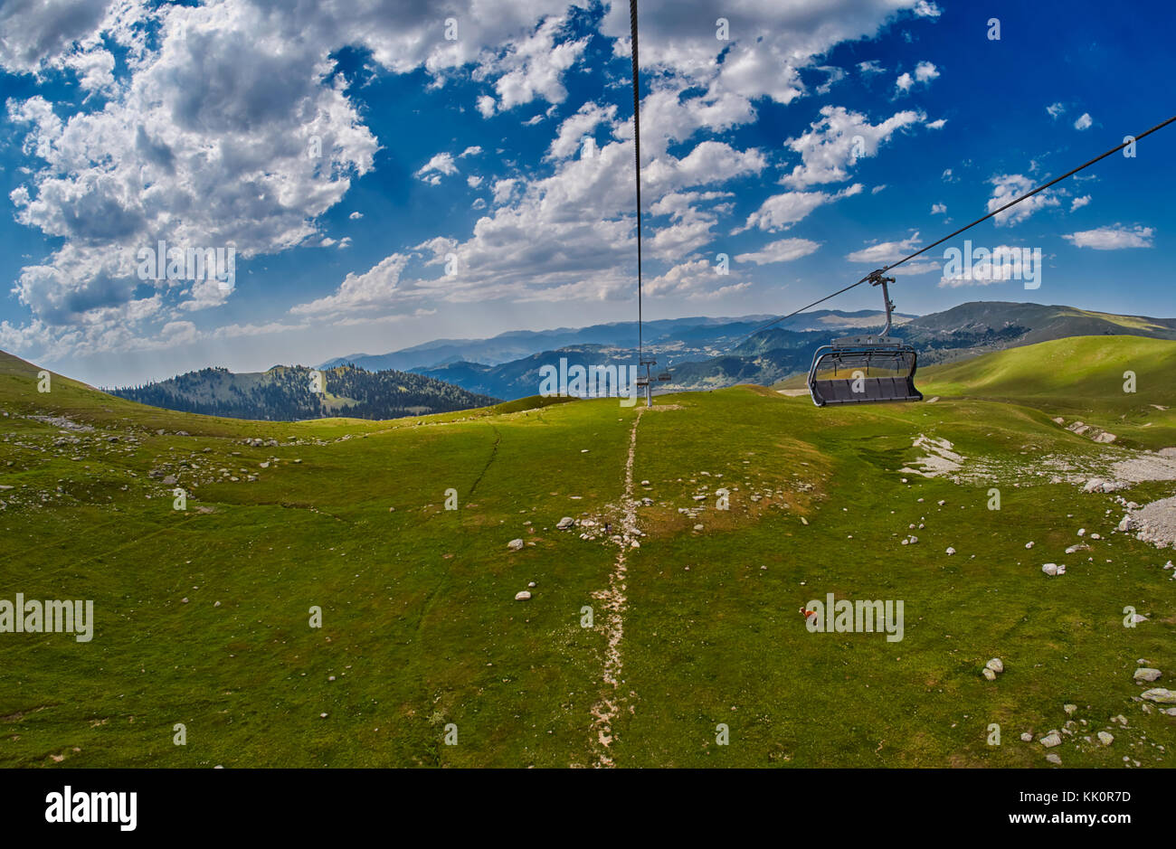 Long Funiculars ropeway line in Scenic Mountains Landscape Stock Photo ...
