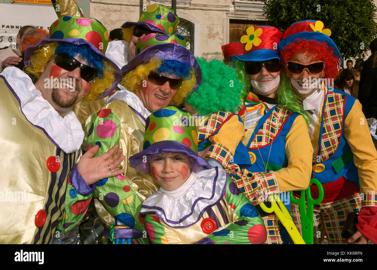 Carnival, Family group disguised as clowns, Cadiz, Region of Andalusia ...