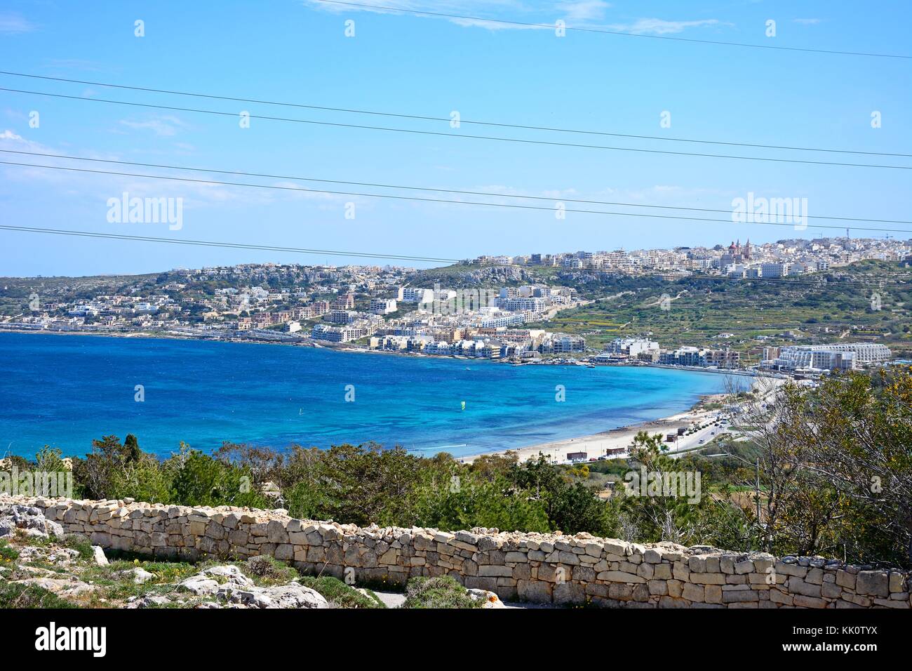 Elevated view of the beach, town and coastline, Mellieha, Malta, Europe ...