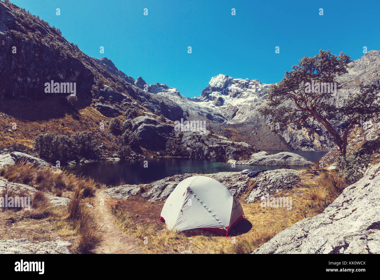 Hiking scene in Cordillera mountains, Peru Stock Photo - Alamy