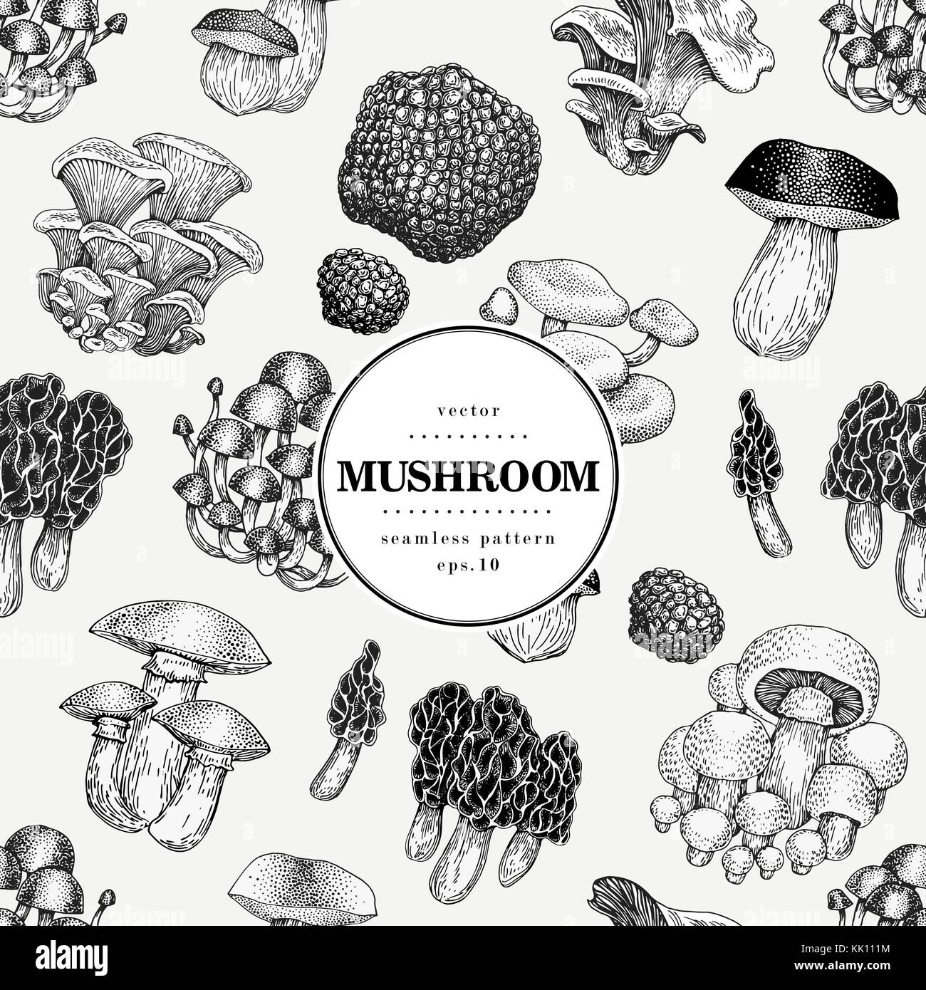 Seamless vector pattern with mushrooms. Hand drawn background with ...