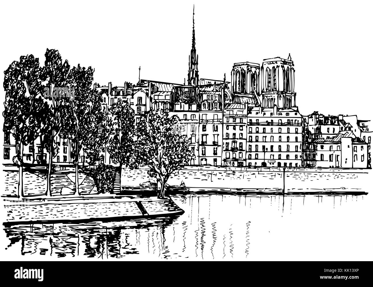 Vector illustration of Paris- Ile de la Cite (hand drawing Stock Vector ...