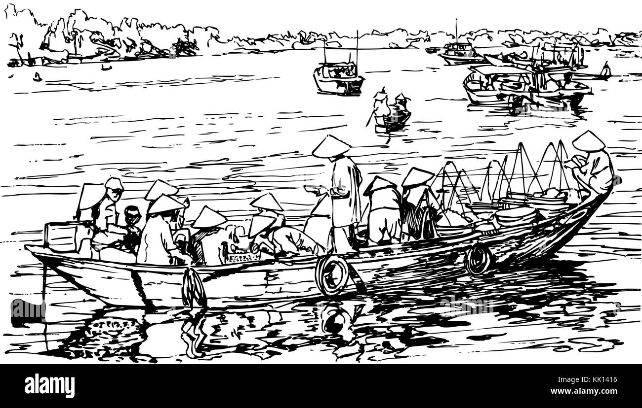 hand drawing of Hoi an harbour in Vietnam (vector Stock Vector Image ...