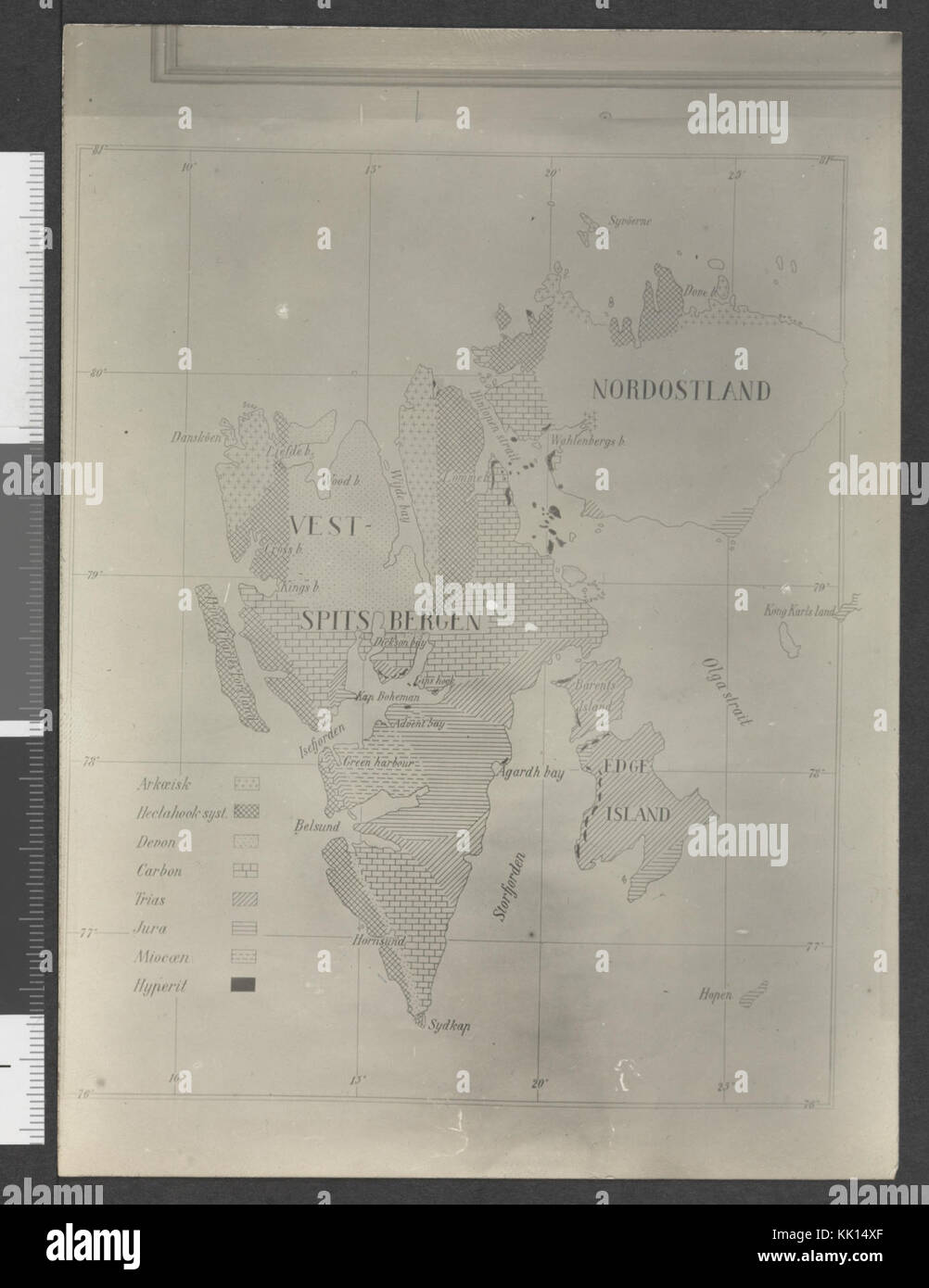 A photograph of the geological map of Svalbard, illustrating the island ...