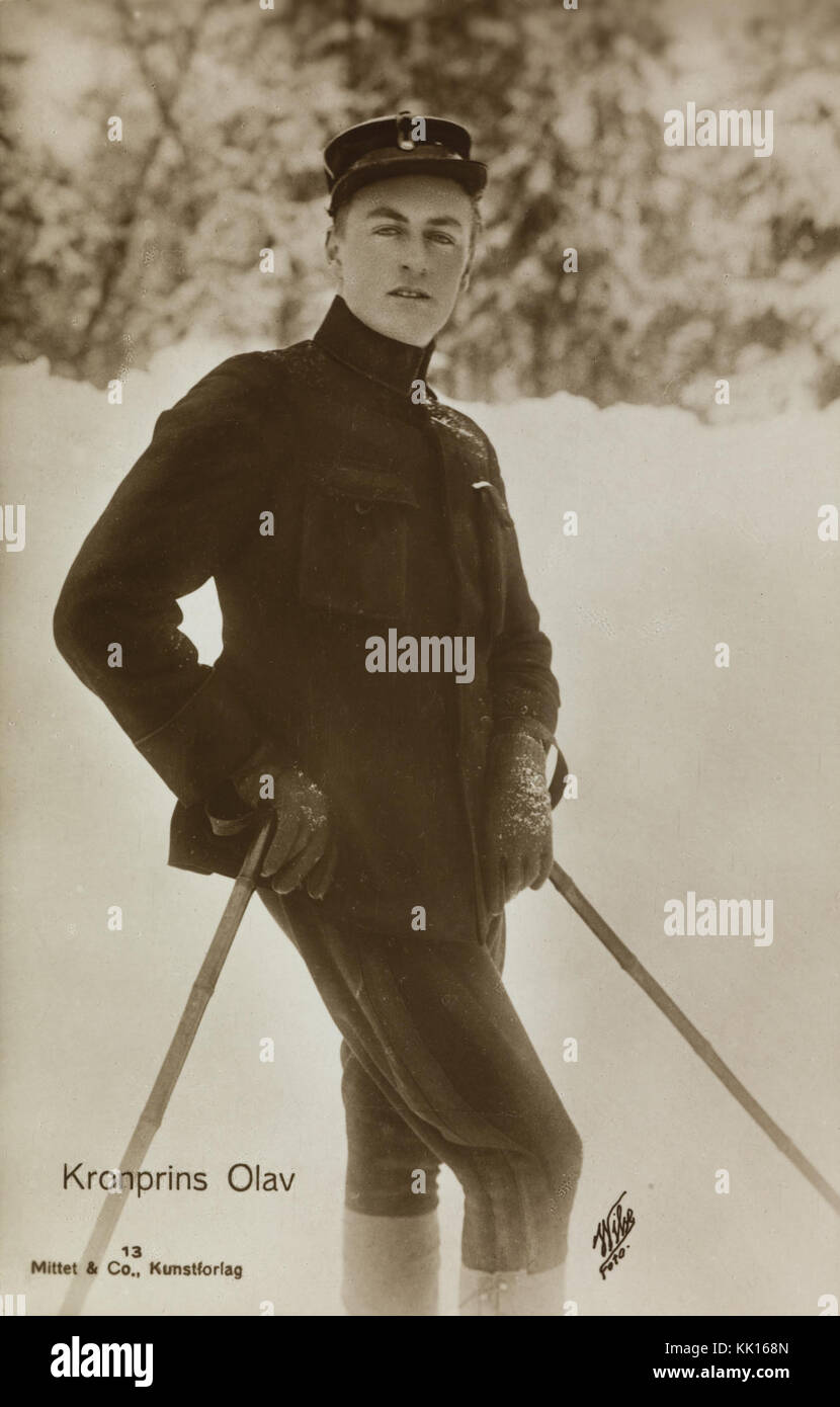 This image features Crown Prince Olav of Norway, depicted in a ski ...