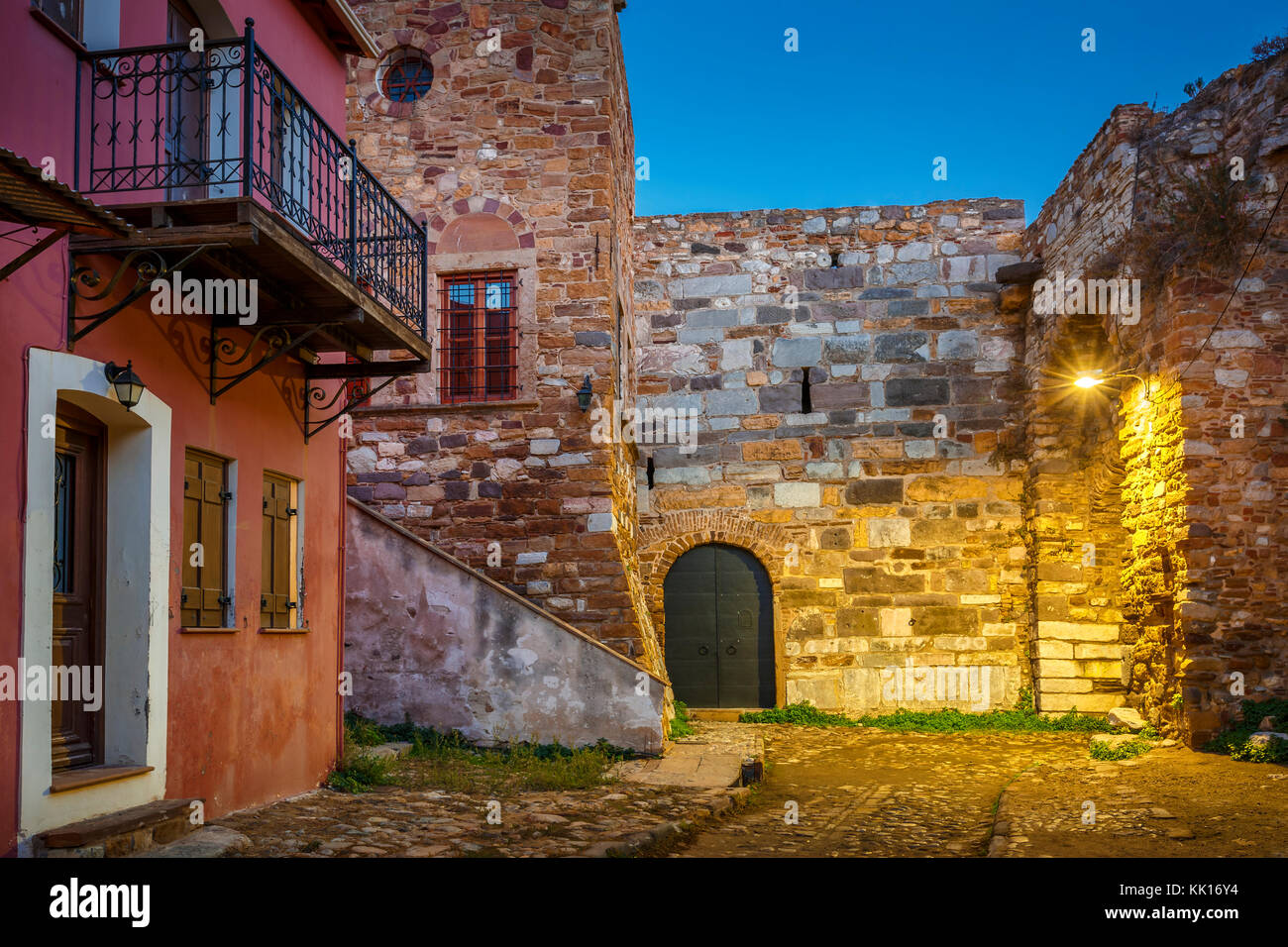 Bars and coffee shops in the central square of the old town of Chios in ...