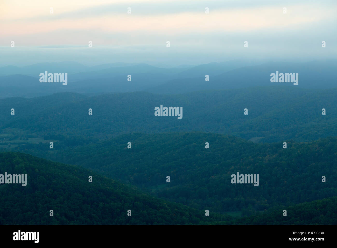 View from Skyline Drive at sunset looking across the Shenandoah Valley ...