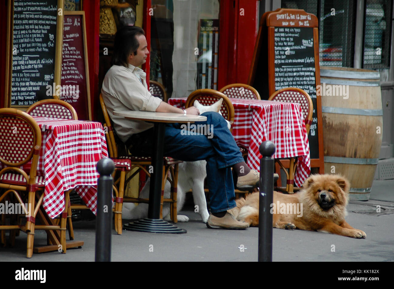 Man and his dogs relaxing at the bistro table in Paris waiting to be ...