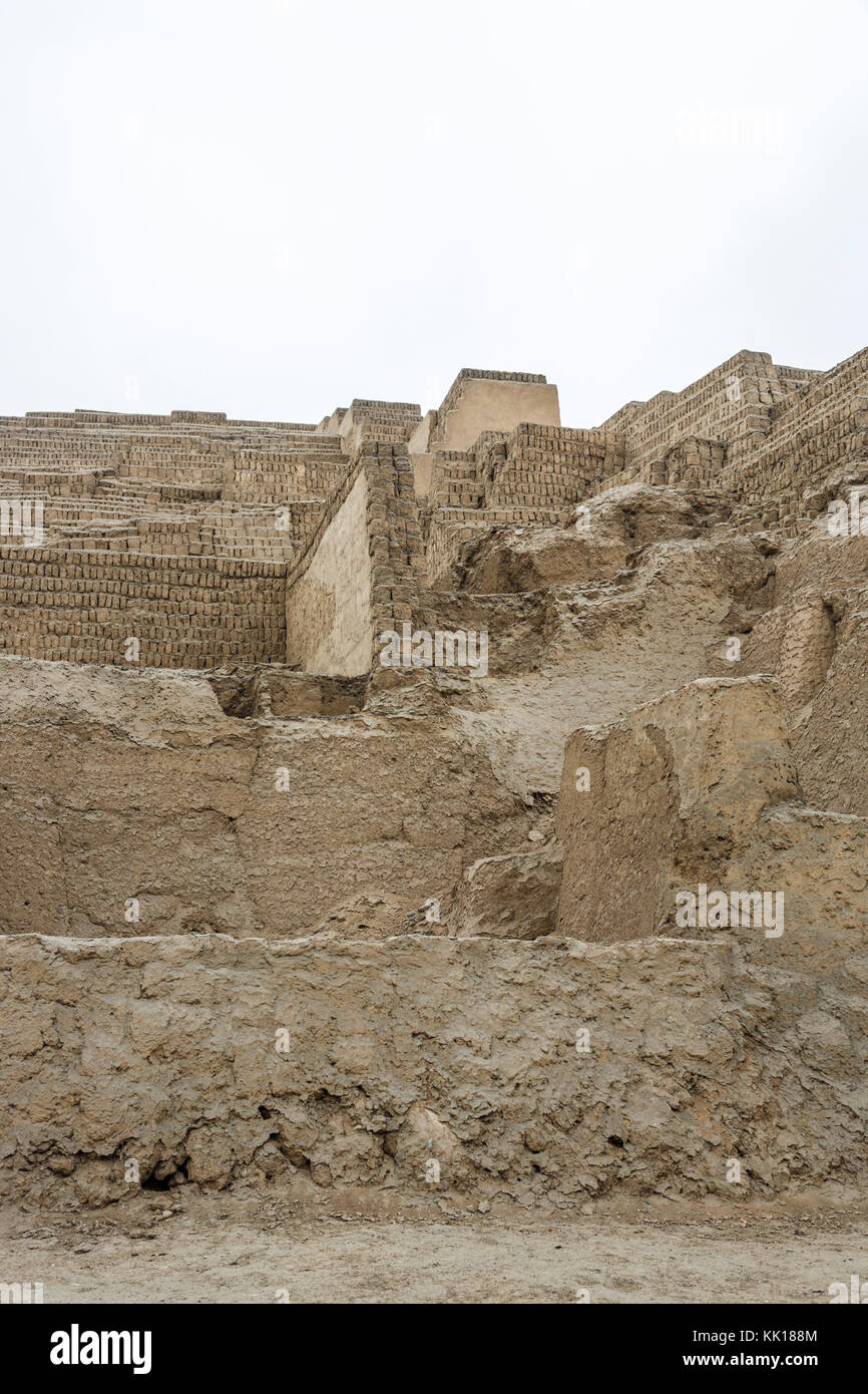 Adobe mud bricks at the ruins of the ancient pre-Inca Huaca Pucllana or ...