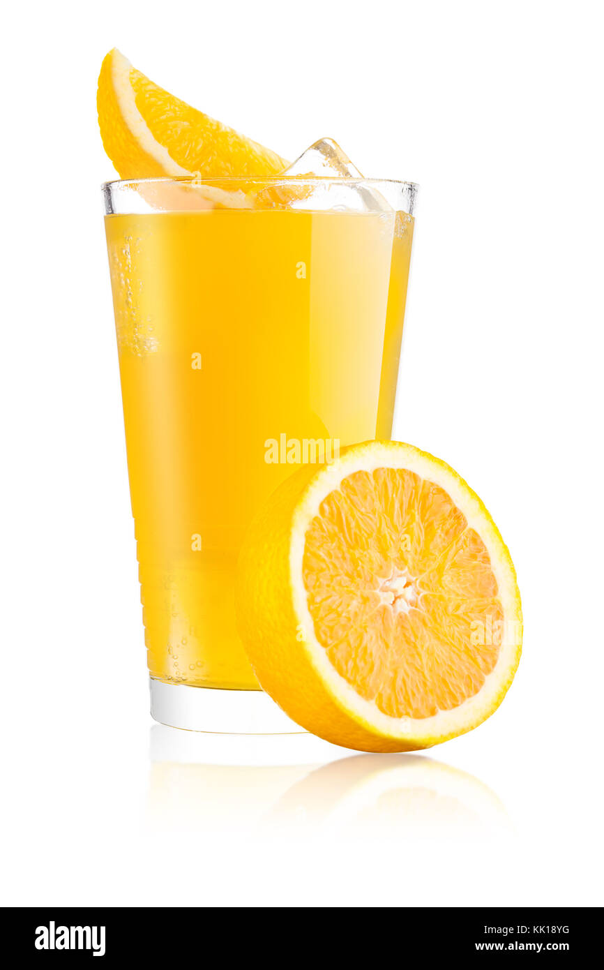 Glasses with orange soda drink and ice cubes and orange slice on white background Stock Photo ...