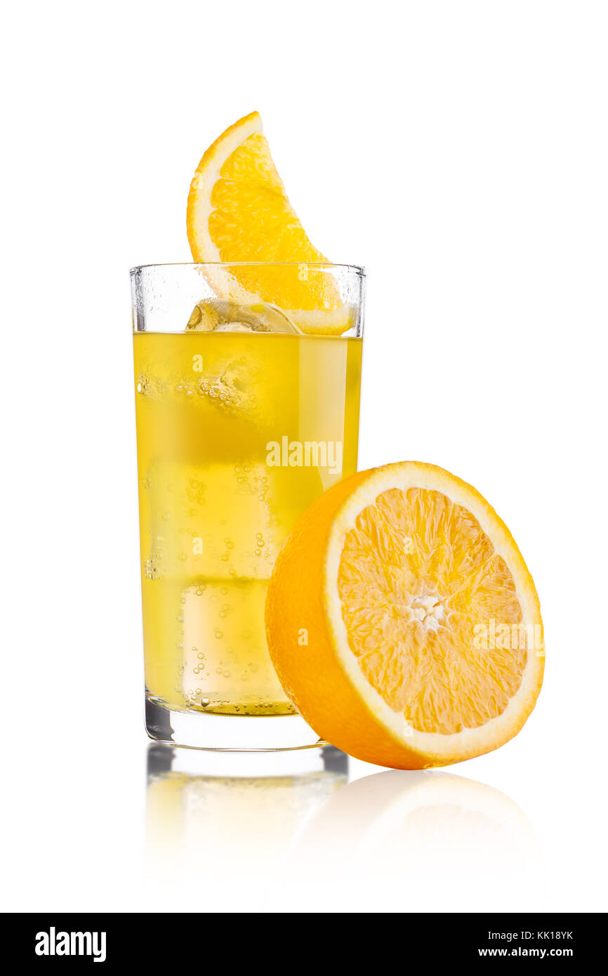 Glasses with orange soda drink and ice cubes and orange slice on white background Stock Photo ...