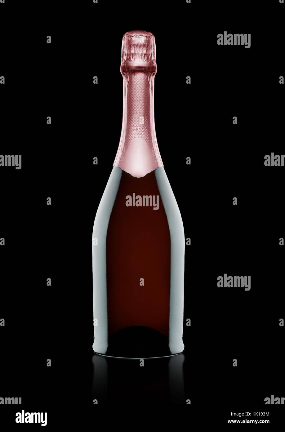 Bottle of pink rose champagne on black background with reflection Stock ...