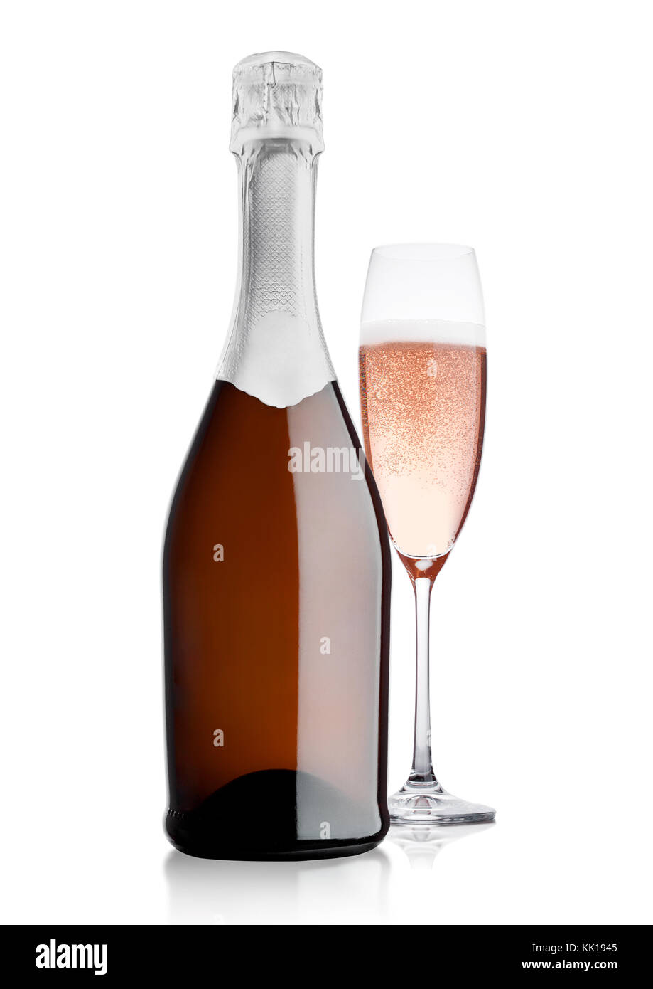 Bottle and glass of pink rose champagne on white background Stock Photo ...