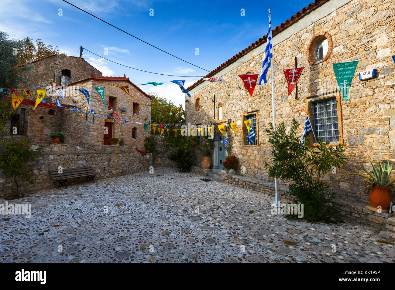 Stone houses and a church in Anavatos village on Chios island in Greece ...