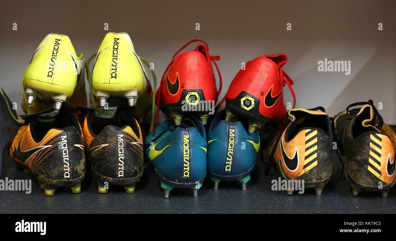 Football boots in the dressing room hi-res stock photography and images ...