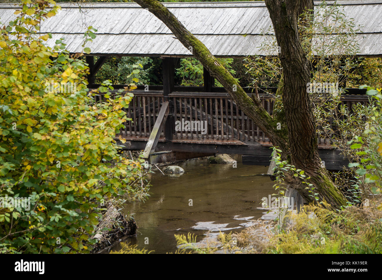 Old wooden bridge spanning over a idyllic creek in southern Austria ...