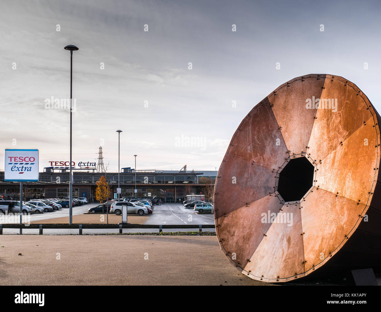 Modern metal sculpture at Tesco Extra supermarket shop at Corby ...