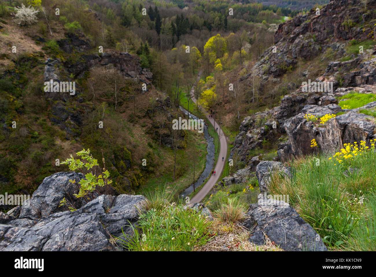 Steep rocks and valley Divoka Sarka in Prague, spring time. Wild nature ...