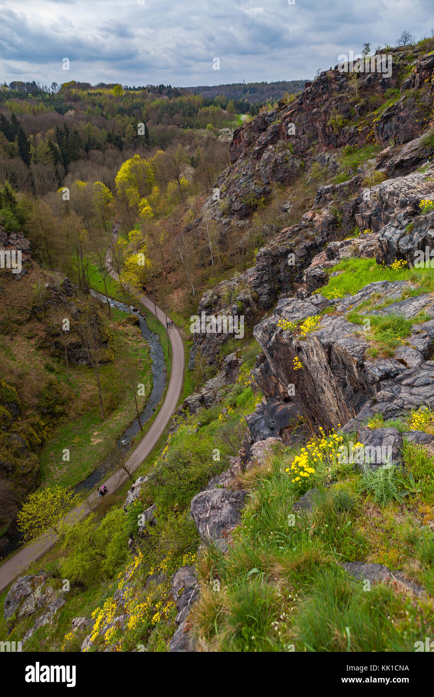 Steep rocks and valley Divoka Sarka in Prague, spring time. Wild nature ...
