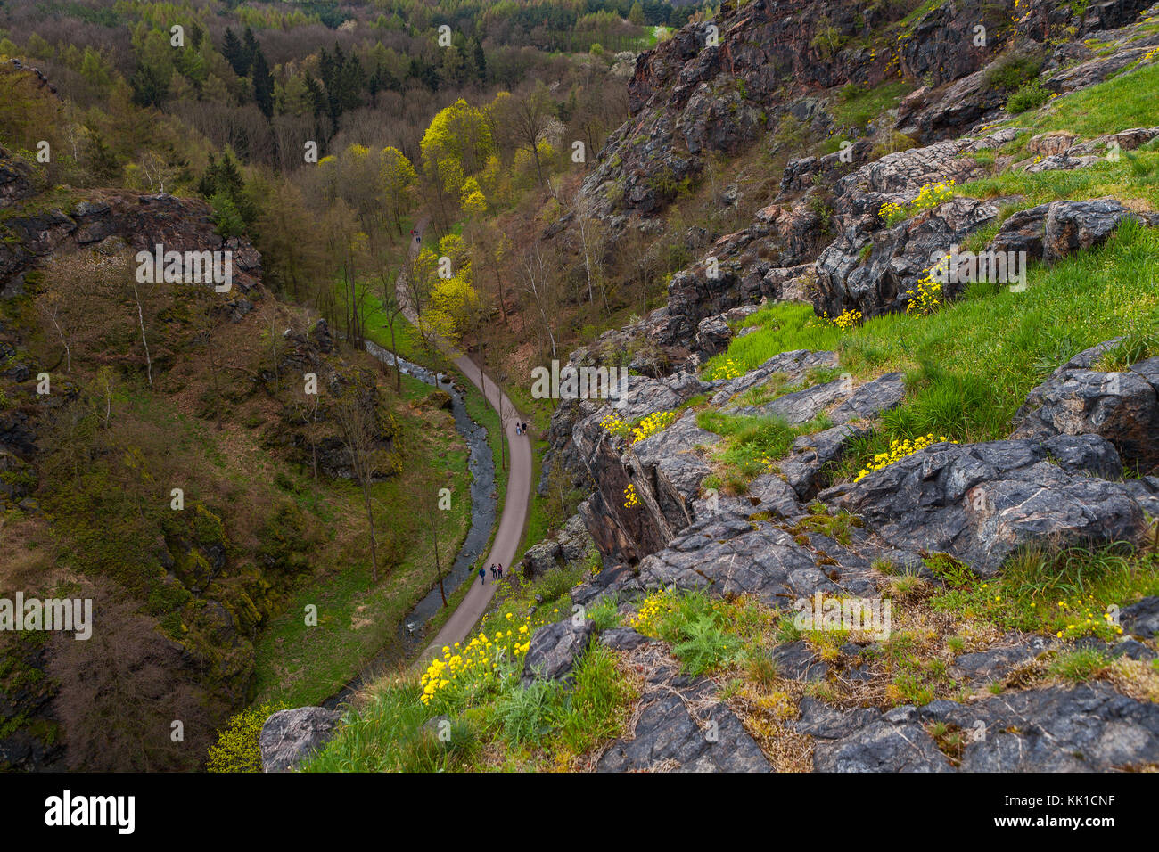 Steep rocks and valley Divoka Sarka in Prague, spring time. Wild nature ...