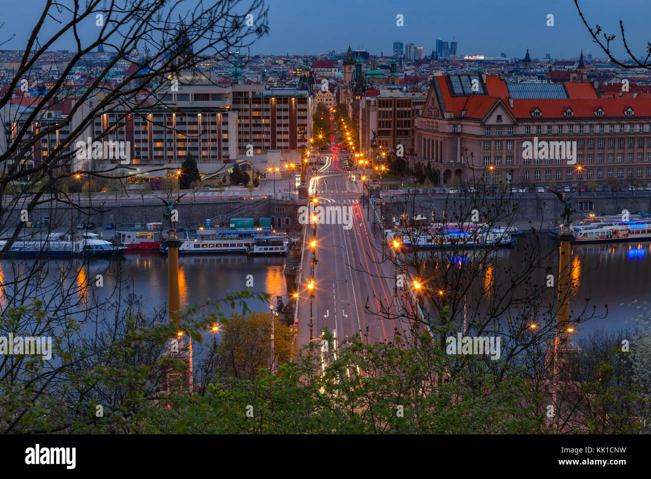 Cechuv bridge night view from Letenske garden. Panorama with historic ...