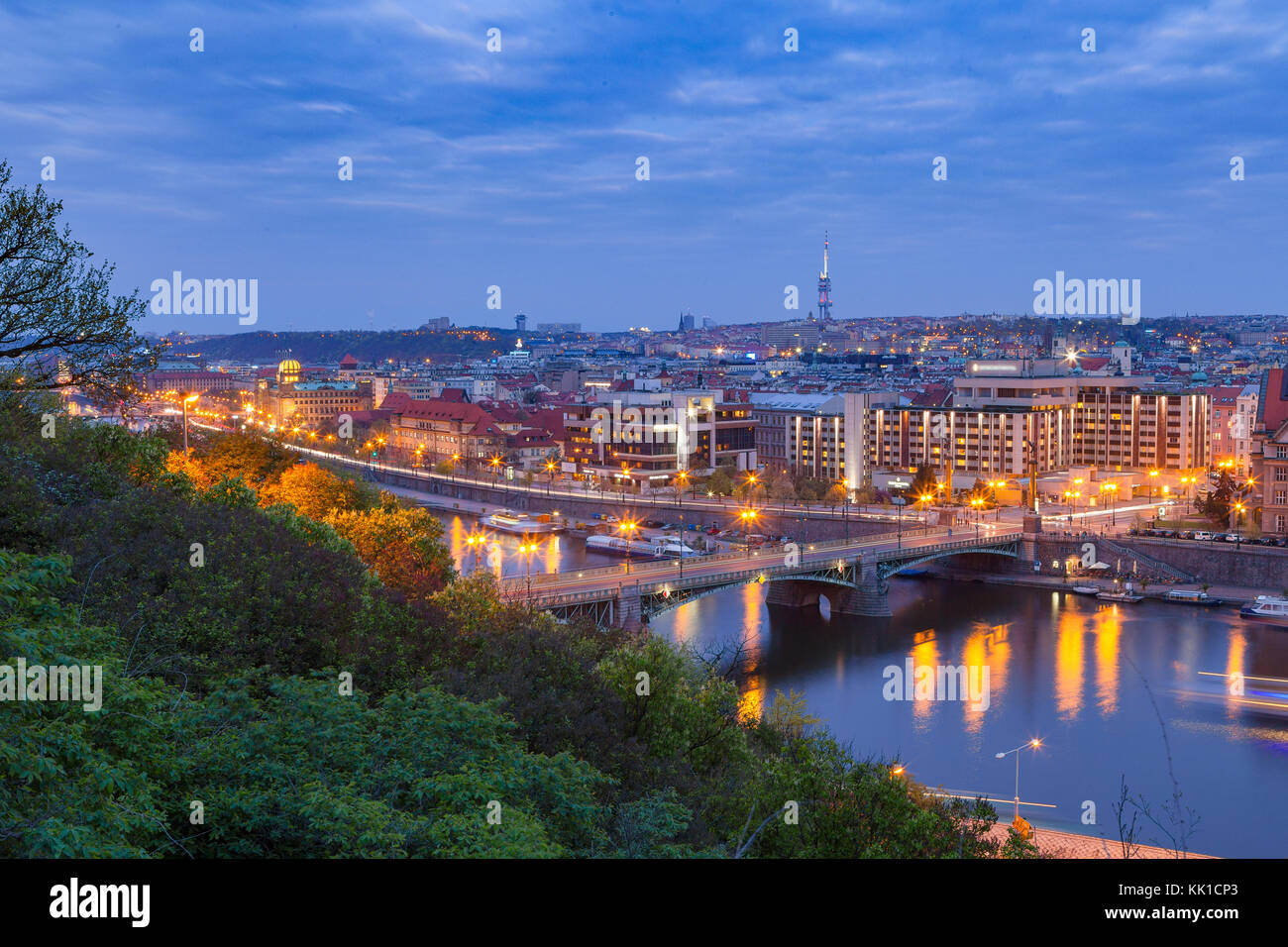 Cechuv bridge night view from Letenske garden. Panorama with historic ...